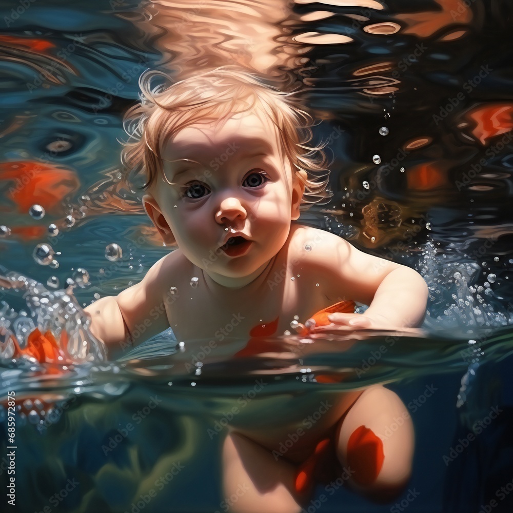 Cute smiling adorable baby girl diving underwater blue pool. Active ...