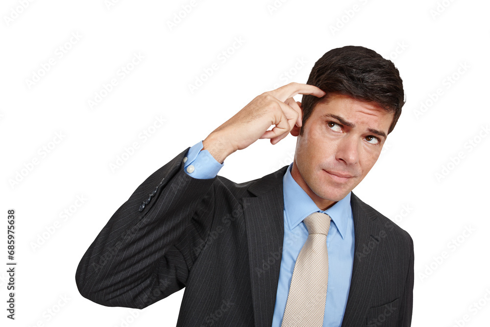 Confused, thinking and business man scratching head with questions on ...