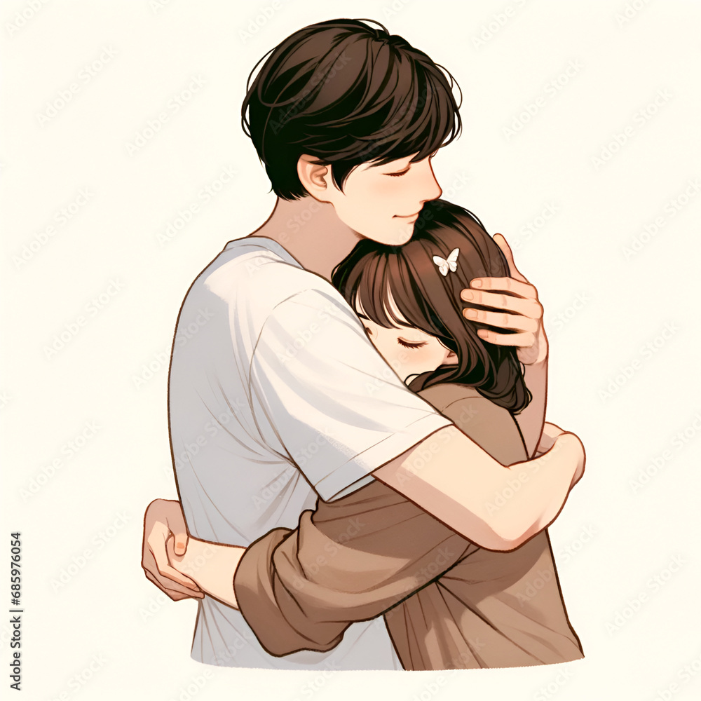 A gentle illustration of an intimate hug between a couple, conveying a ...