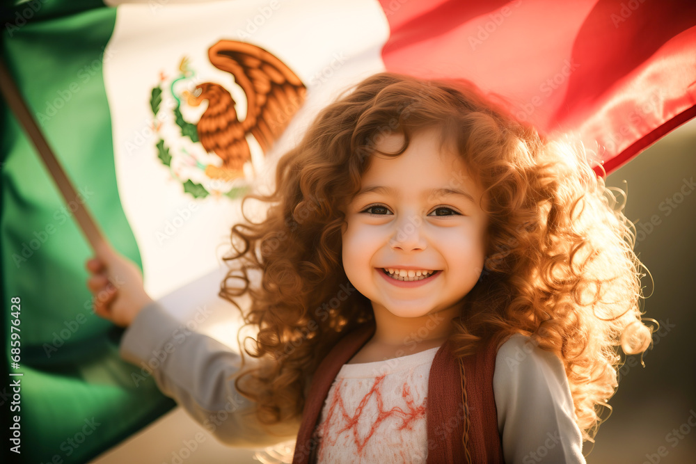 Portrait happy Mexican child girl on background Mexico flag. Unity and ...