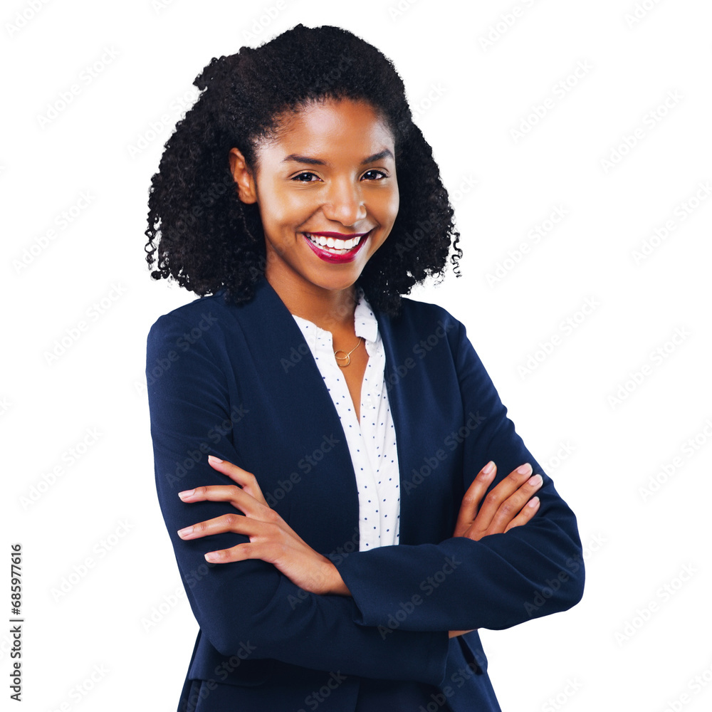 Portrait, happy and a business black woman arms crossed isolated on a transparent background for ...