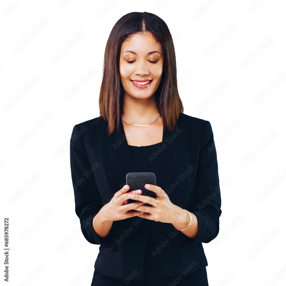 Professional woman, phone and typing on social media, website or ...