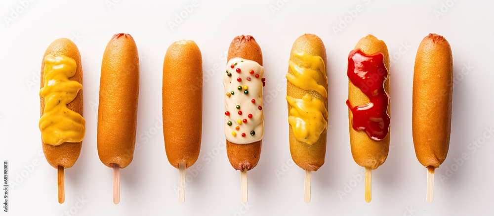 Korean-inspired Corn Dog with Hatog, mustard, and ketchup. Stock Photo ...