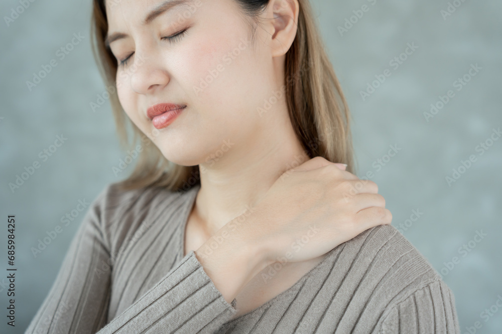 office syndromes, woman massaging neck pain due to work and using a ...