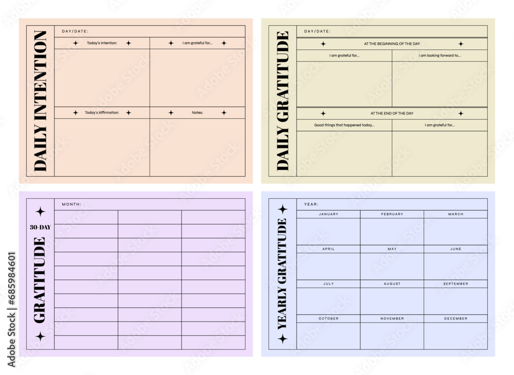 Set of printable vector manifestation, intention, and gratitude planner ...