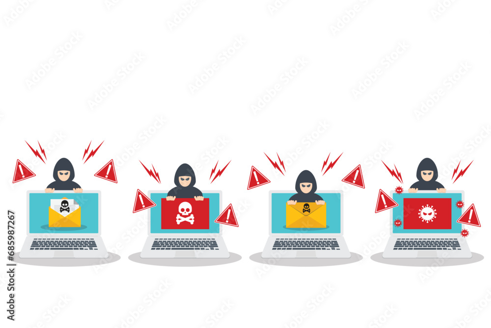 Hacker, malware notification on laptop computer. Hacker with laptop ...