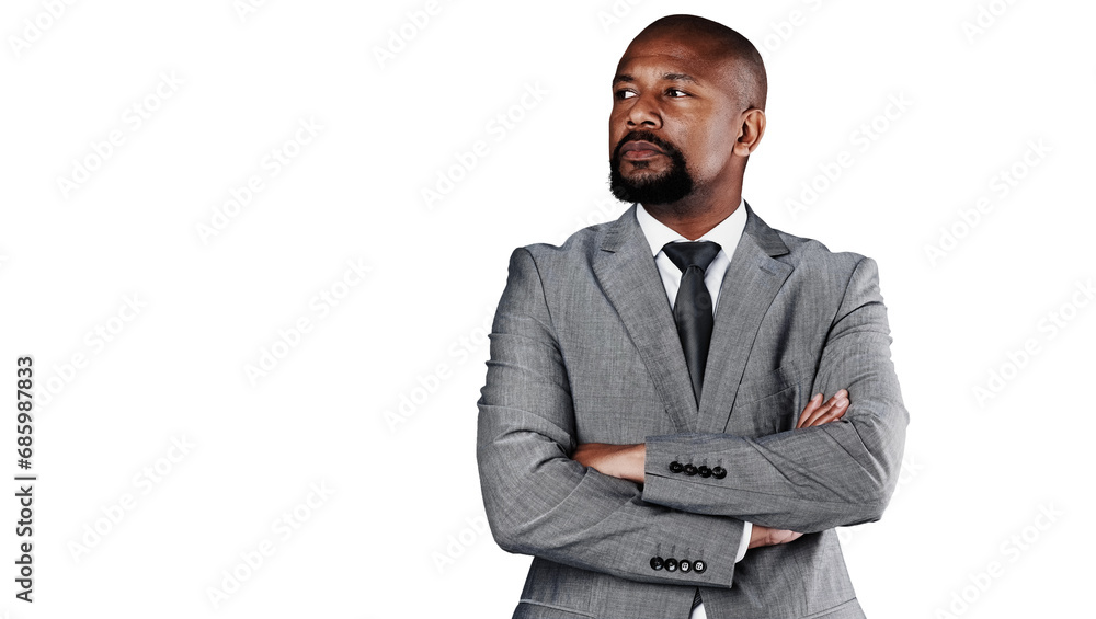 Thinking, arms crossed and professional black man brainstorming problem ...