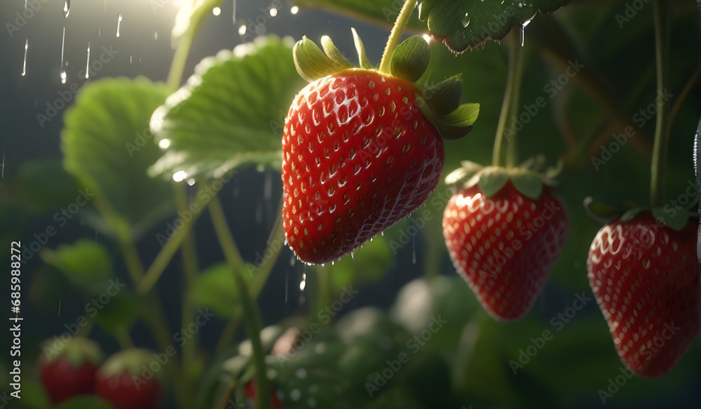 Delicious fresh red strawberries growing on a bush with green leaves ...