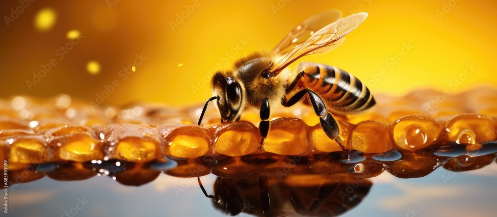 Hornet devastates bee hive. Bee on honey comb. Hornets pests. Thick ...