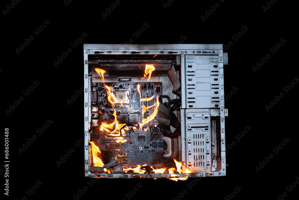 a burning system unit from a computer from a short circuit and a power ...