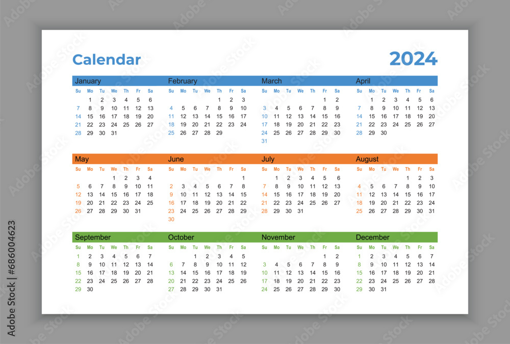Monthly calendar template for 2024 year. Wall calendar in a minimalist ...