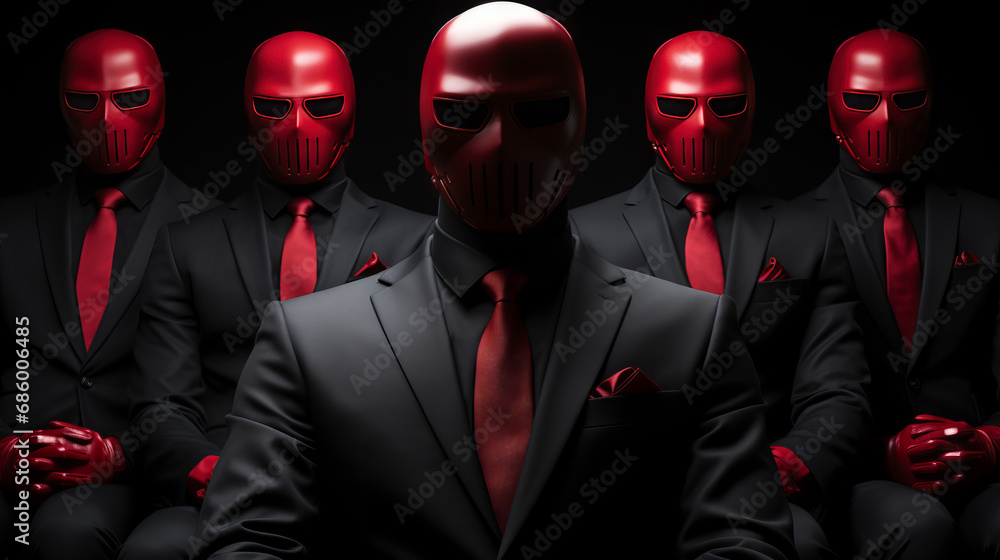 Mysterious group of individuals uniform look, wearing red masks. Their ...