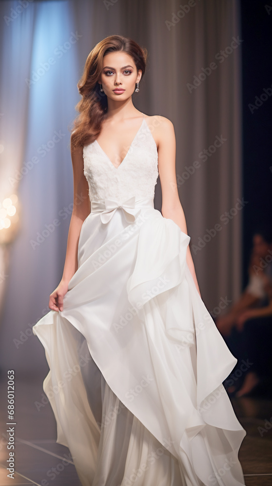 Wedding Model. Female models walk the runway in beautiful stylish white ...