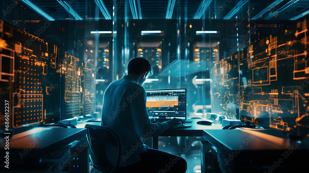 Computer engineer working on laptop computer with server room, data ...