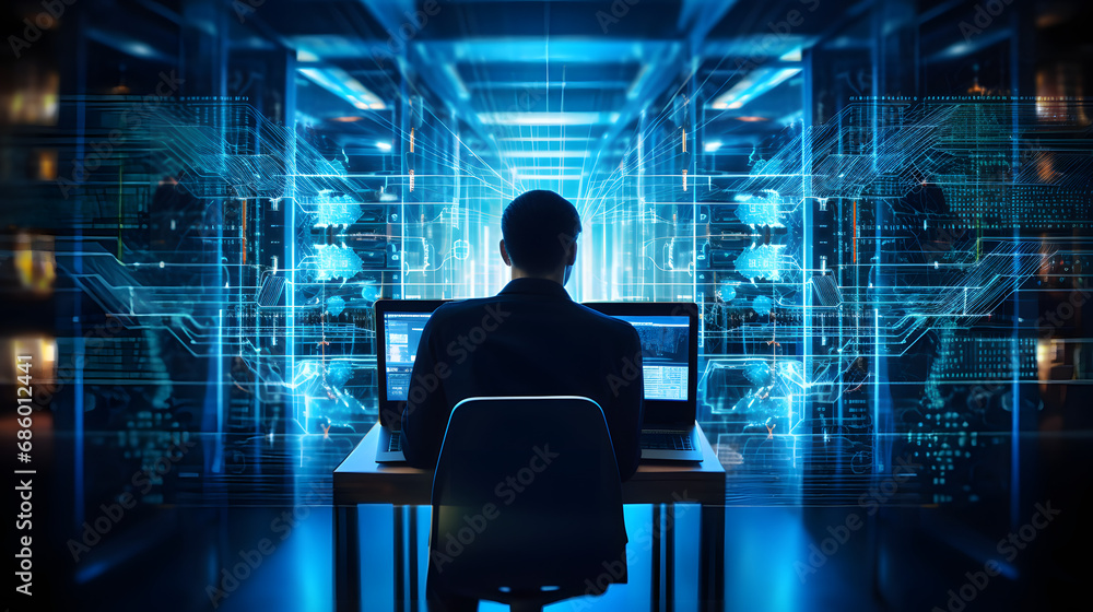 Computer engineer working on laptop computer with server room, data ...