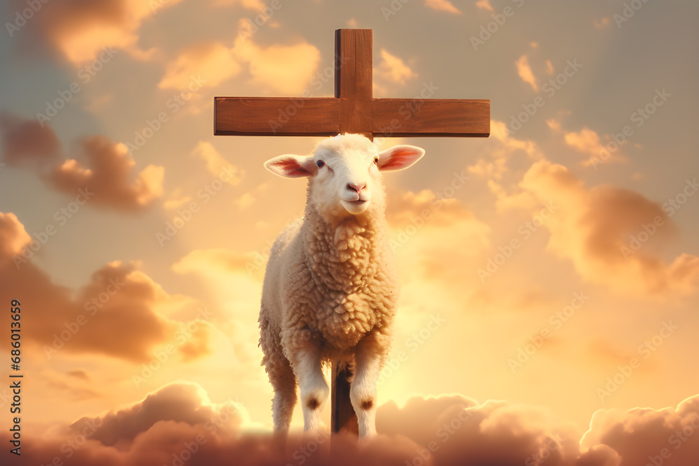 Resurrection of Jesus Christ concept. God Lamb in front of the cross of ...