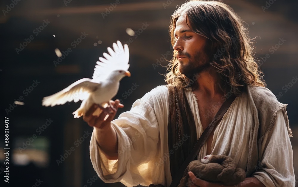 Jesus Christ with a dove. Jesus baptised concept. Generative AI Stock ...