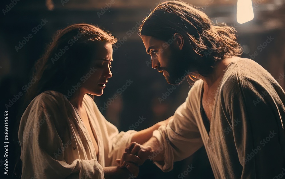 Jesus heals the daughter of Jairus. Generative AI Stock Photo | Adobe Stock