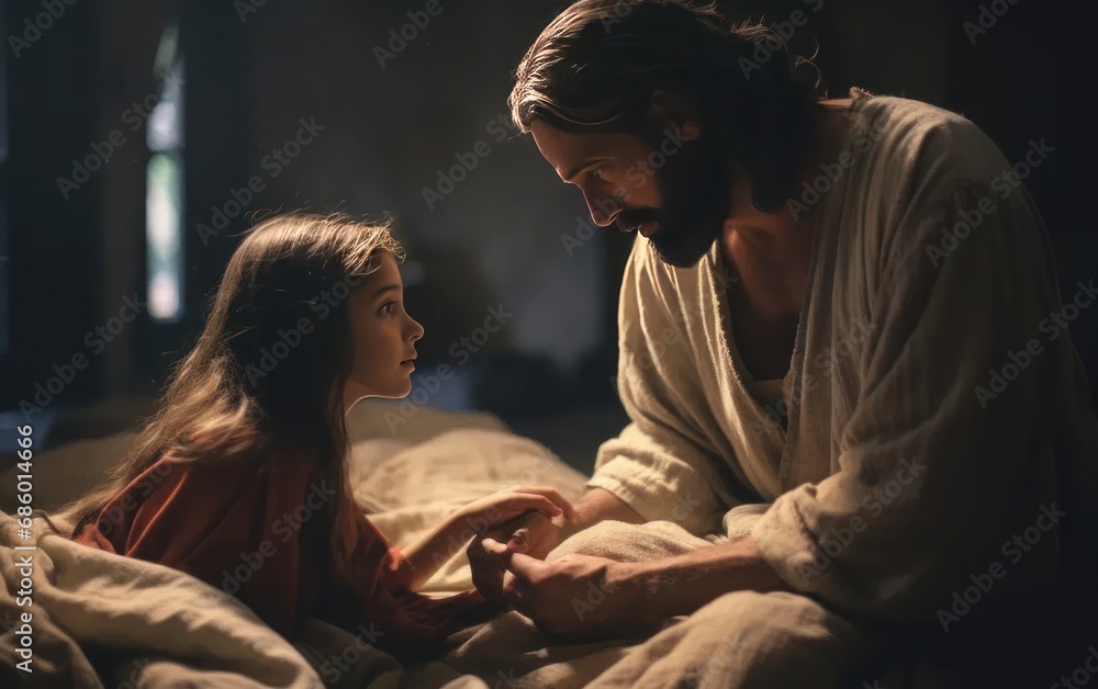 Jesus heals the daughter of Jairus. Generative AI Stock Photo | Adobe Stock