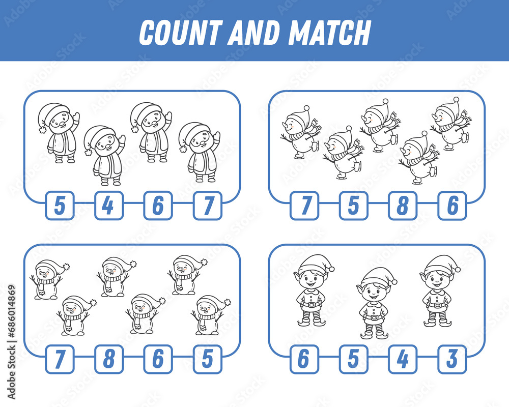 Education game for children count and match of winter elements ...