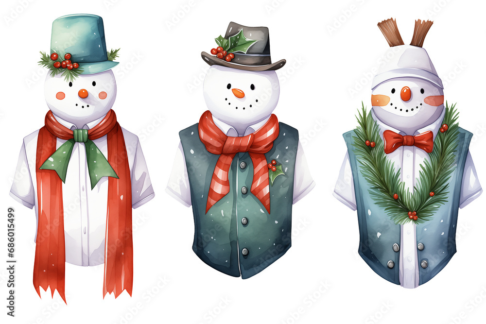 Watercolor cute snowman wearing costume character illustration clipart ...
