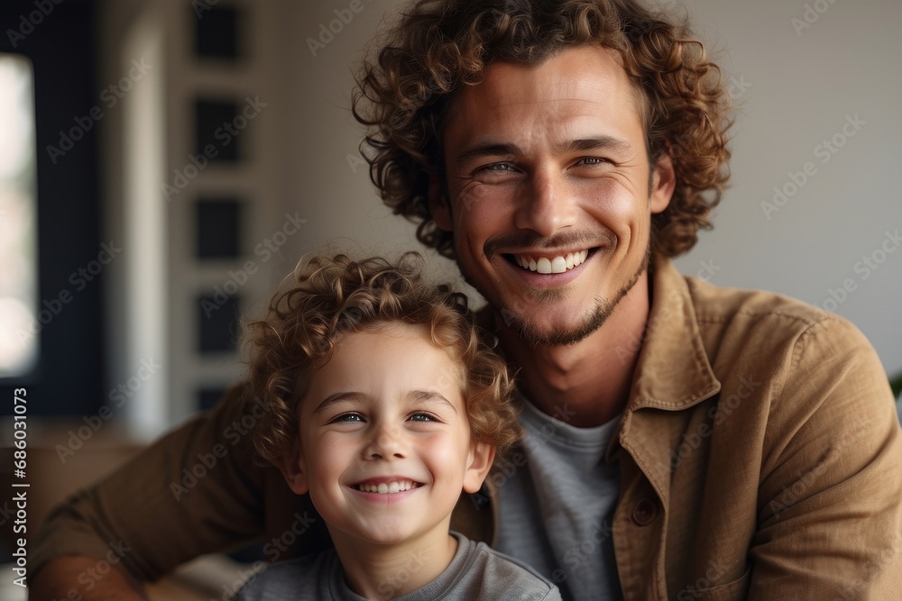 Close-up portrait of a beautiful family in nature. Dad and son with ...