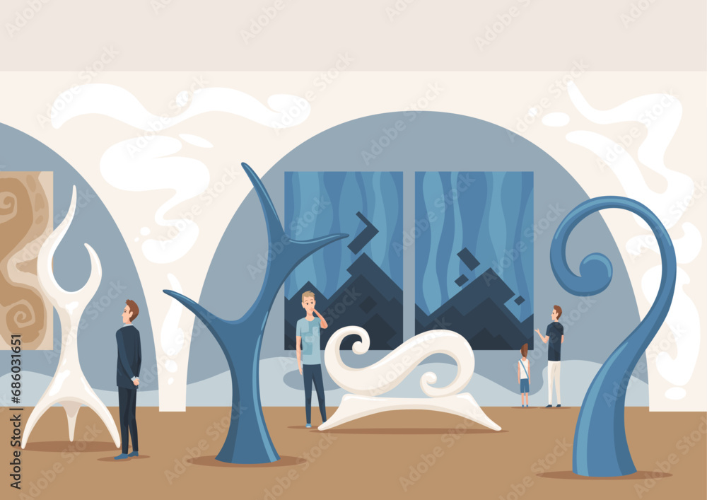 Art gallery with visitors looking at paintings vector flat illustration ...