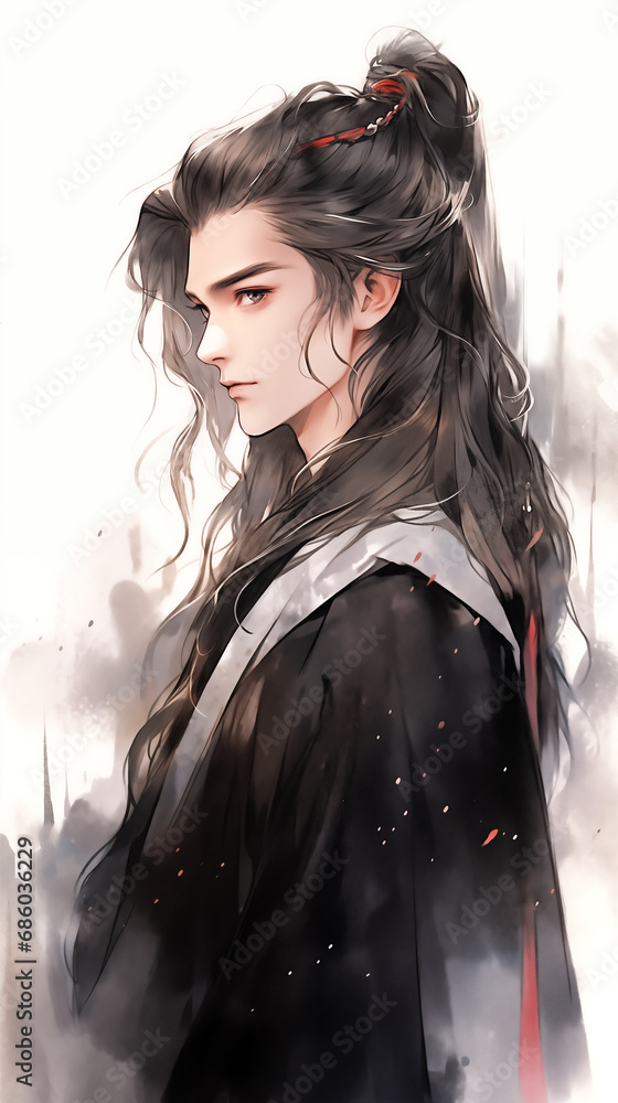 Hand-drawn aesthetic ink illustration of a handsome man in Chinese ...