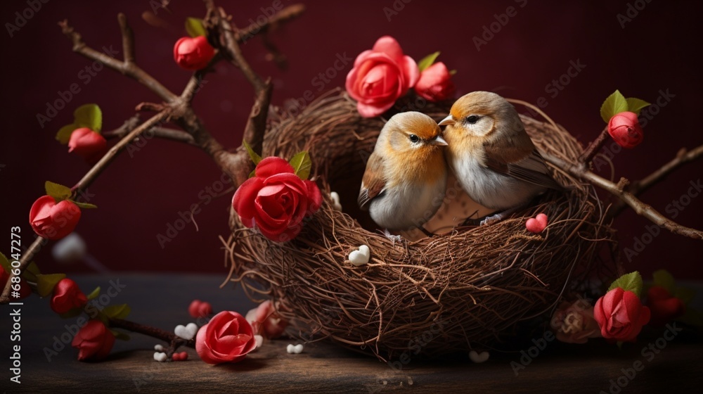 Lovebirds crafting a heart-shaped nest against a dark background ...