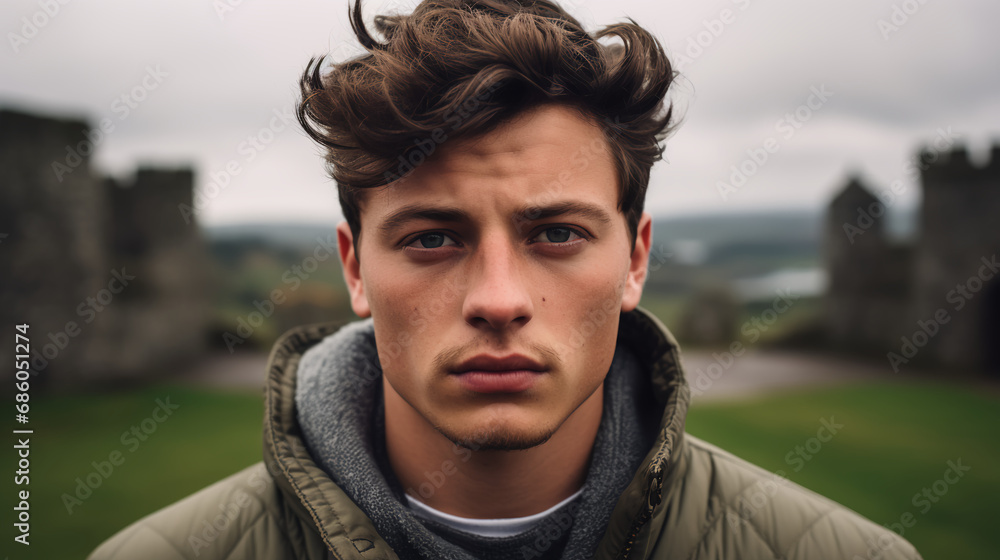 A Young British Man Exploring The Historic Castles Of Wales Standing Against The Backdrop Of A