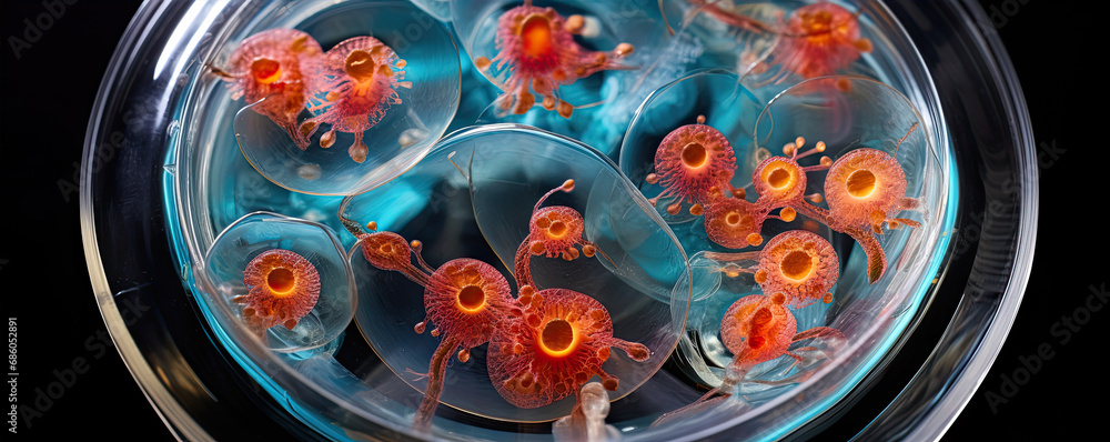 microscope illustration of vibrant cells in laboratory science dish ...