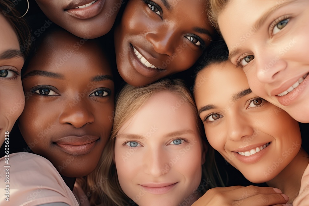 An interracial group of women making a selfie. Happy, smiling ladies of ...