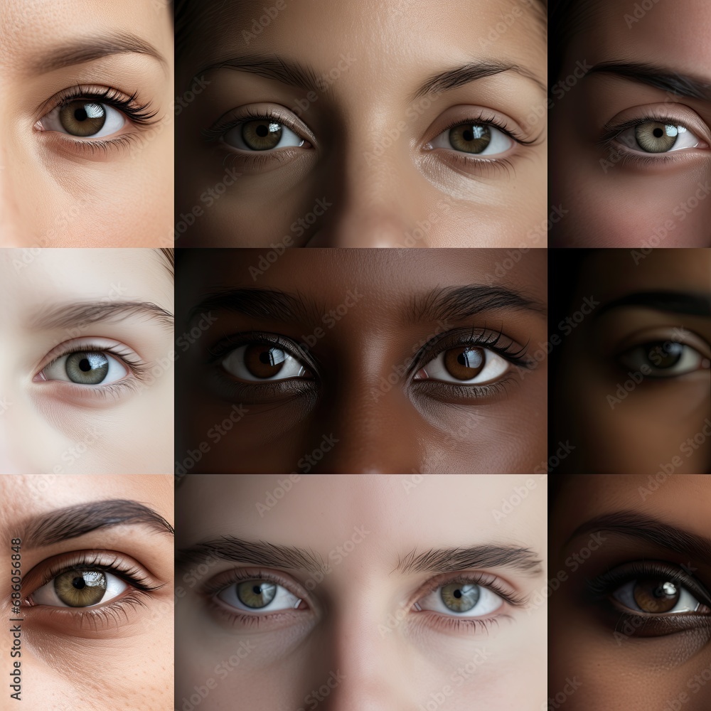 Iris. Diversity of eye colors. Shapes of eyebrows. Eyelash. Makeup ...