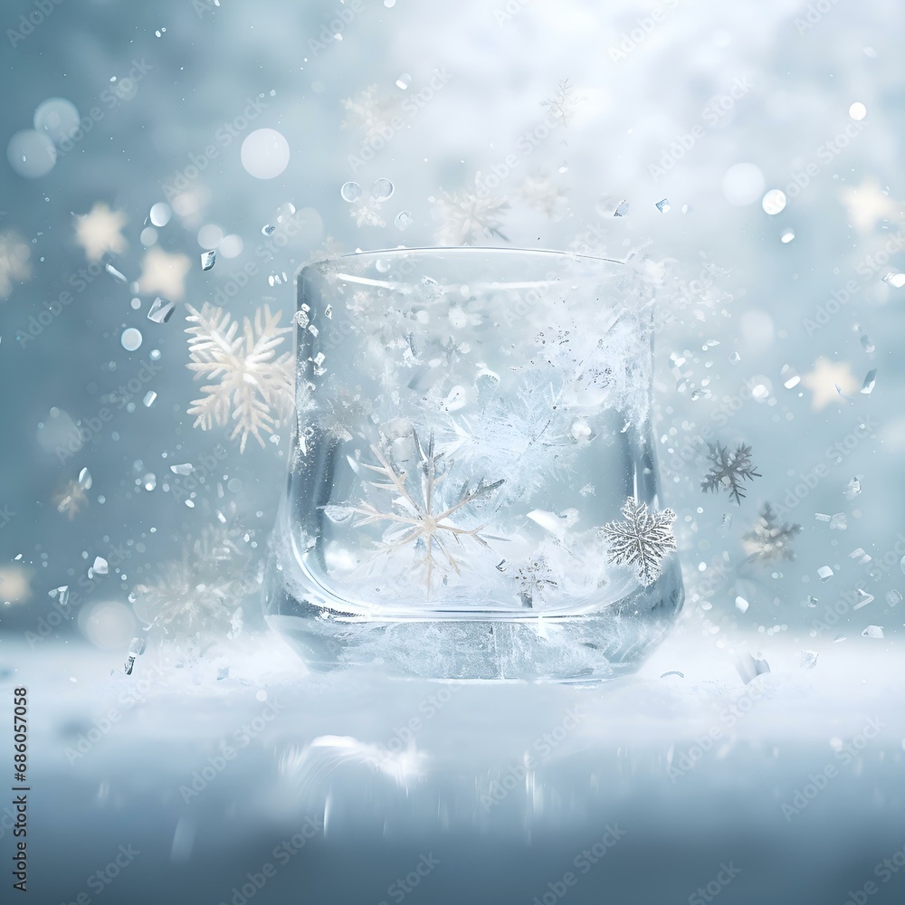 Beautiful winter image of a transparent empty frozen glass in icy ...