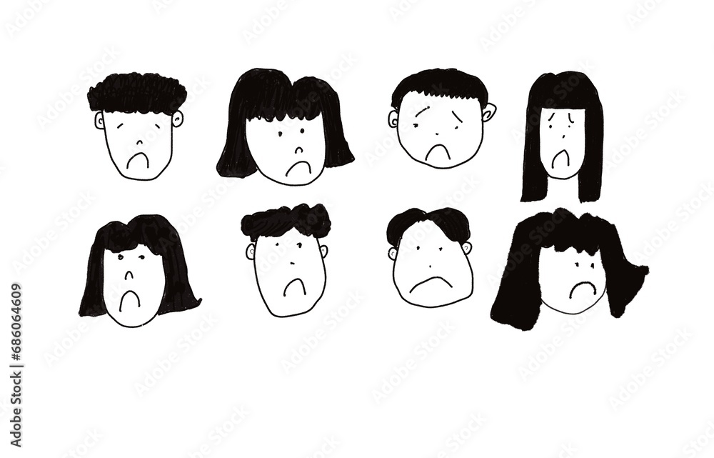 Hand drawn pictures for negative unhappy, sad, bored feelings of human ...