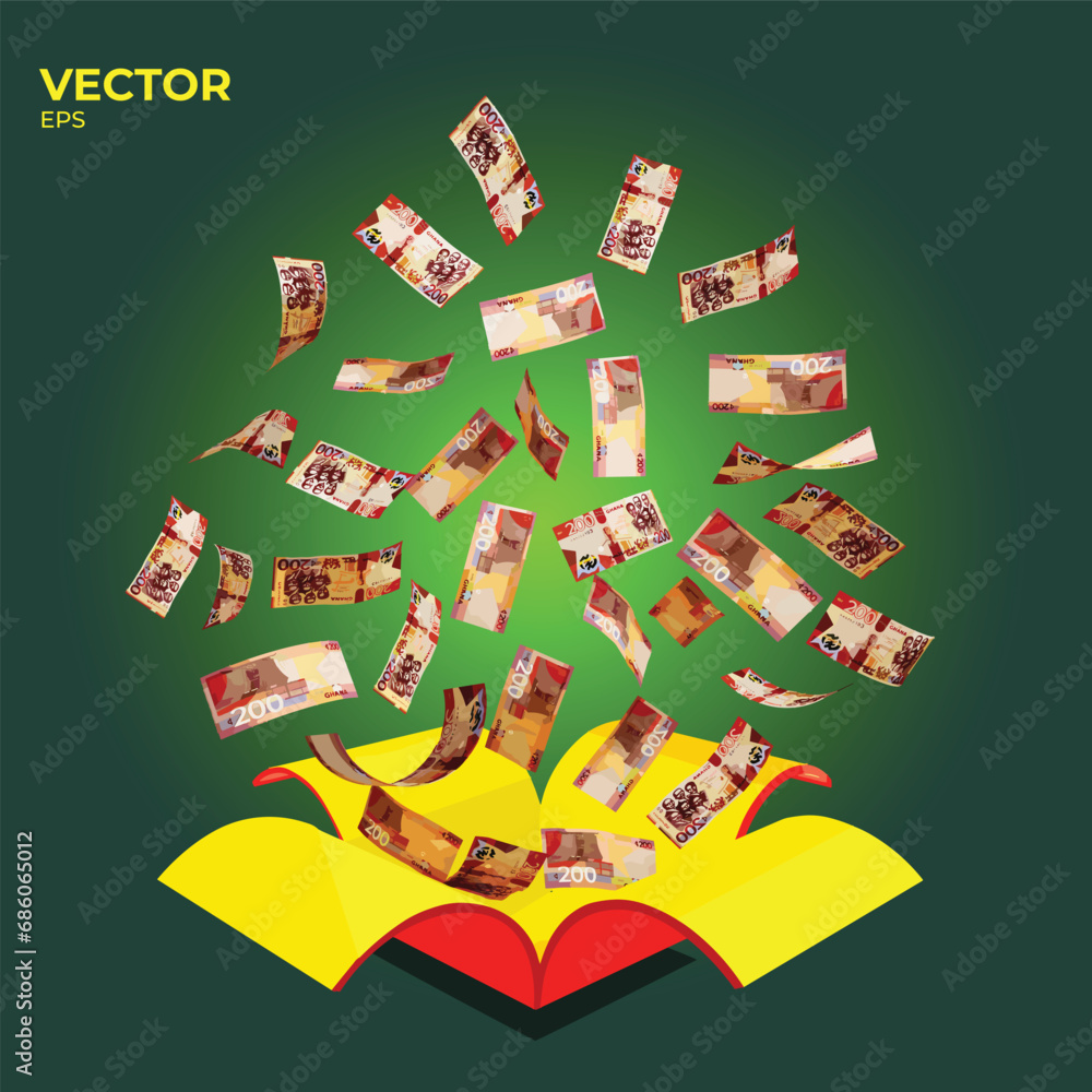 Vector illustration of A lot of 200 Ghanaian cedi notes coming out of ...