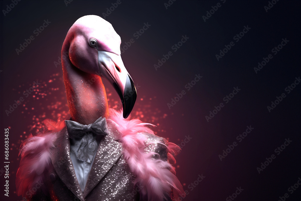 Creative animal concept. Flamingo bird in disco neon glitter glam shiny ...