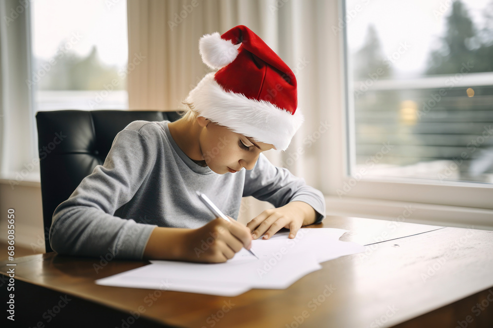 Sad Boy wearing a santa claus hat at home, writes a letter asking for a ...