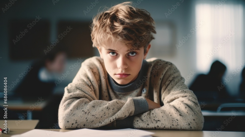 Alone at a table in a quiet classroom, a teenage boy's expression ...