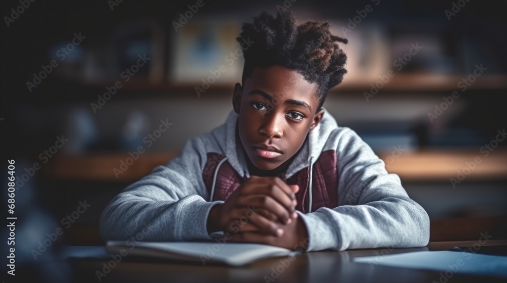 Seated alone in a quiet classroom, a sad teen boy's gaze into the ...