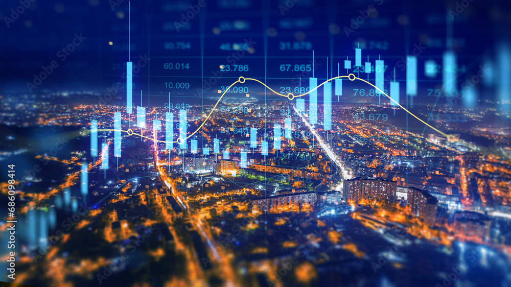 Big data chart on city backdrop.Trade technology, and investment ...