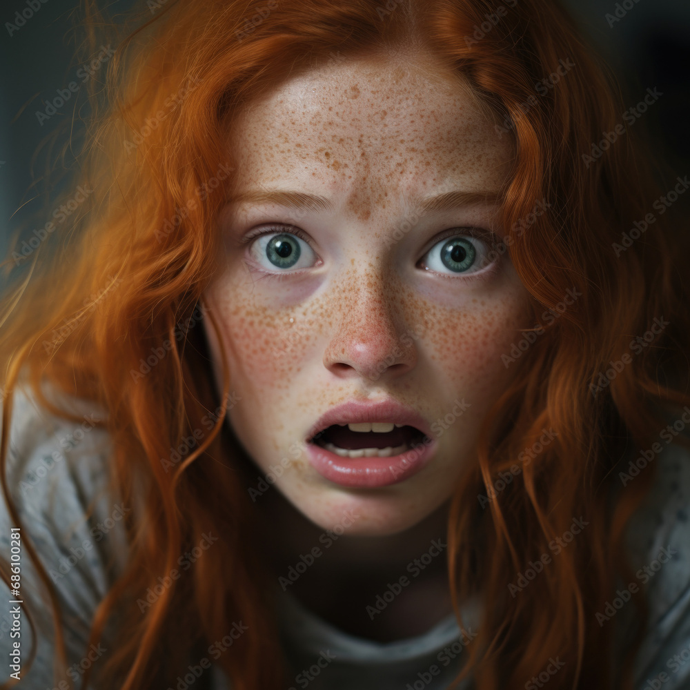 Redhead girl react omg shook, drop jaw speechless, stare impressed ...