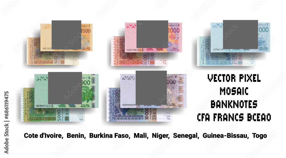 Vector set of pixel mosaic banknotes of eight countries, West African ...