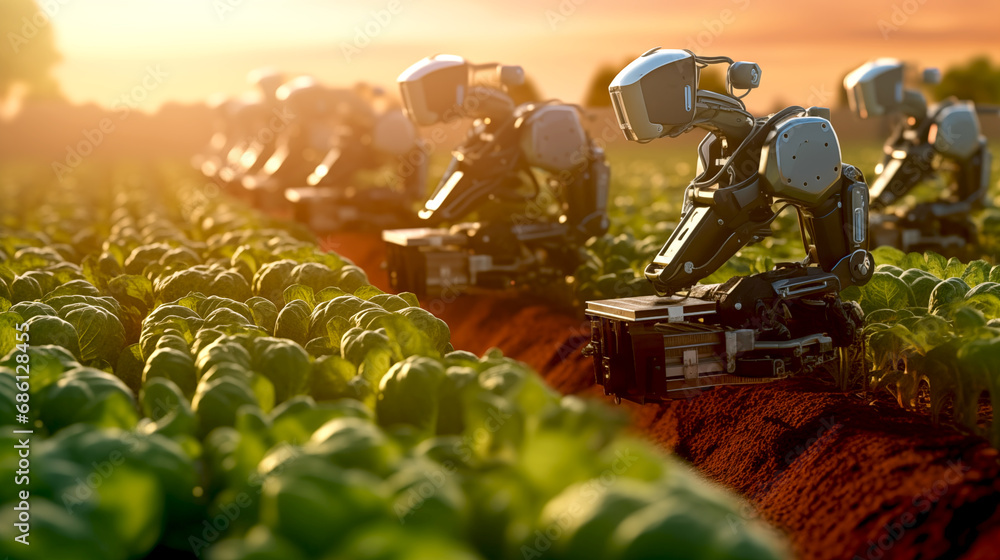 Cute little robot working in an agricultural field, picking fruits and ...