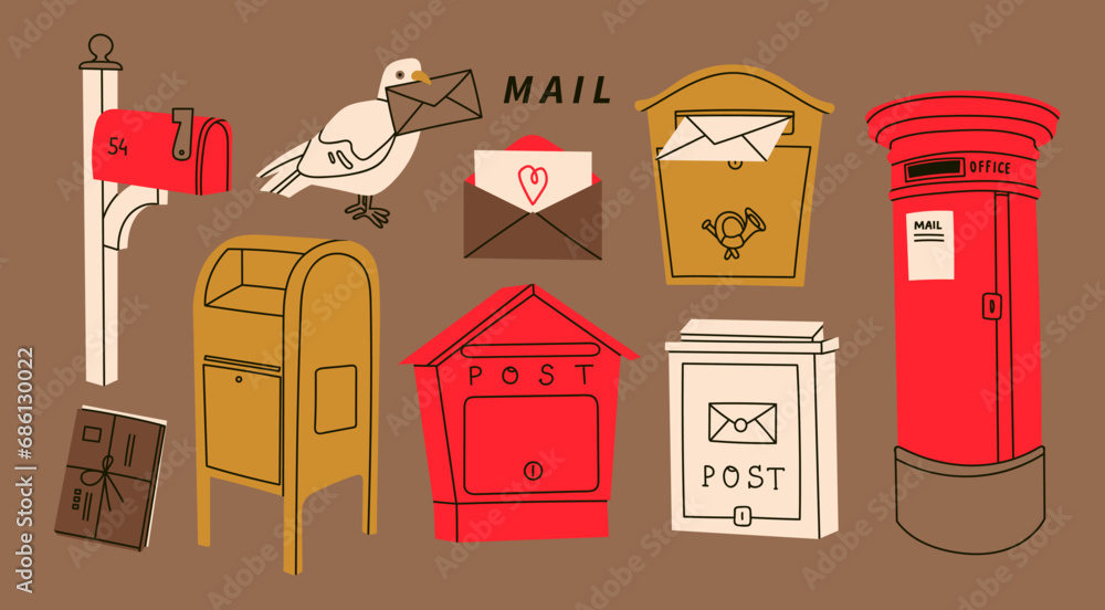 Mailboxes, Postal letterboxes set. Different postboxes, envelope with mail, pigeon, postcard ...
