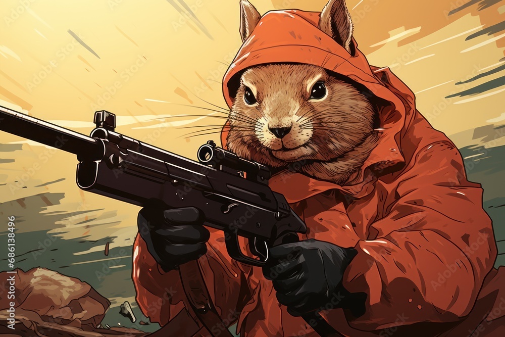 a picture of an animal with a gun in it's hand and wearing a raincoat ...