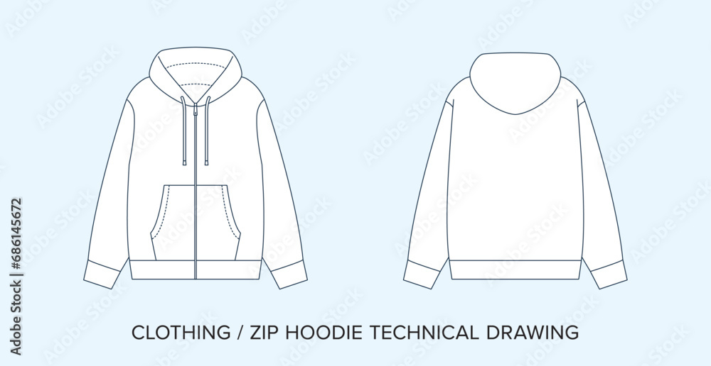 Zip Hoodie Technical Drawing, Blank Apparel Blueprint for Fashion ...