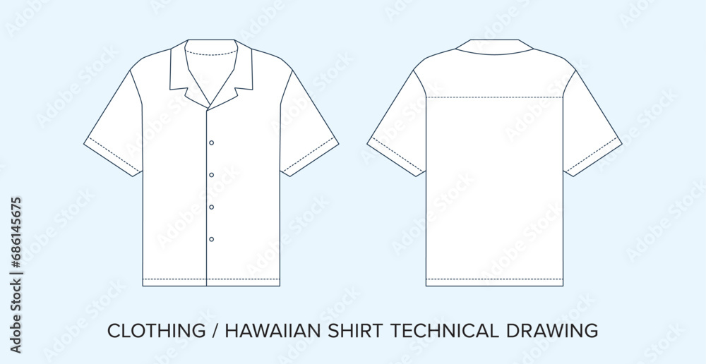 Blank Hawaiian Shirt Technical Drawing, Apparel Blueprint for Fashion ...