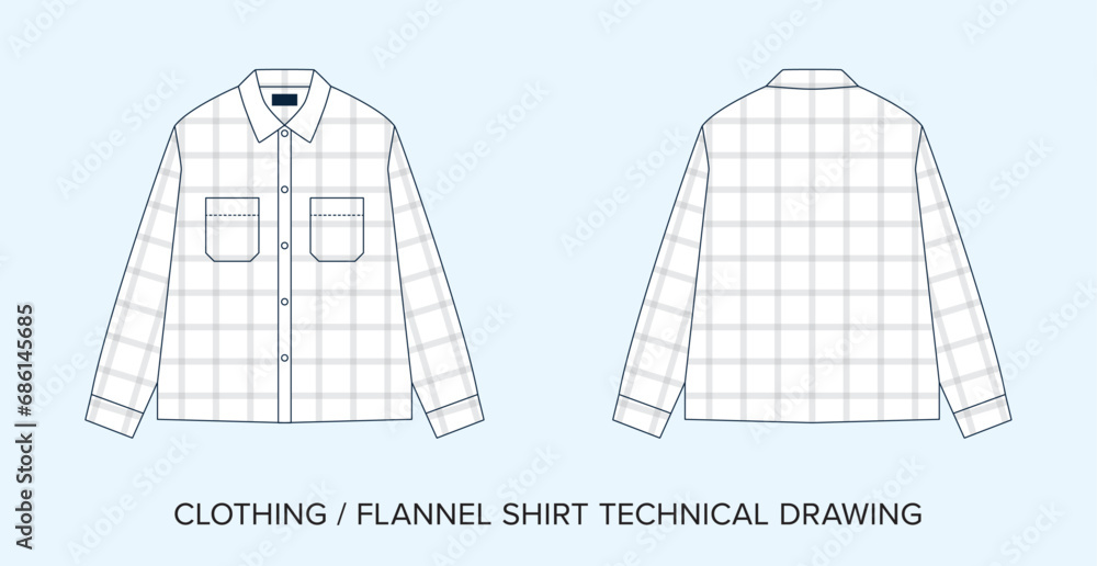 Flannel Shirt Technical Drawing, Apparel Blueprint for Fashion ...