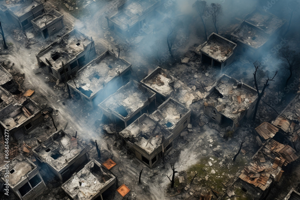 bird's-eye view of Abandoned Megapolis with Smoking Ruins from Bombs or ...